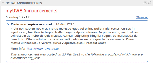 myUWE Announcements - UWE Bristol: myUWE Support